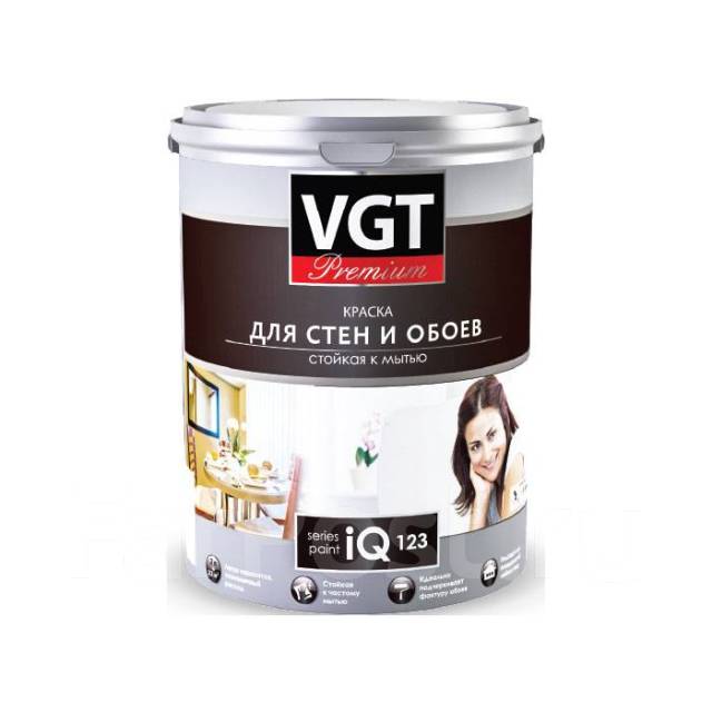Краска акриловая для стен и обоев моющаяся IQ123 2л/3,1кг. VGT Premium ...