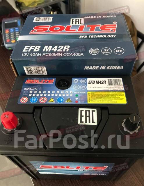 Аккумулятор Solite EFB M42R M-42R 40а/ч 400A Start-STOP, прямая (правое), 40 А.ч. 400 А. B20 ...