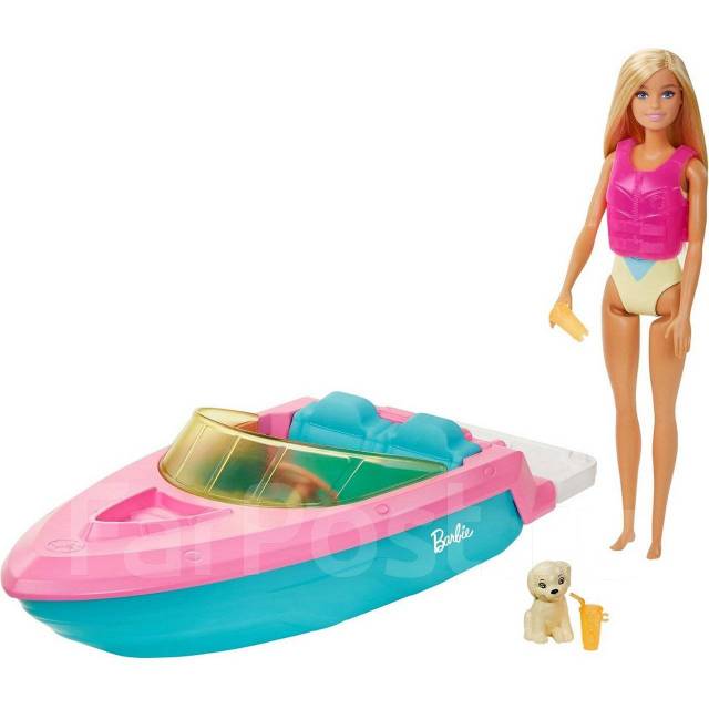 Кукла Барби в купальнике с лодкой, спасательным жилетом и щенком Barbie ...
