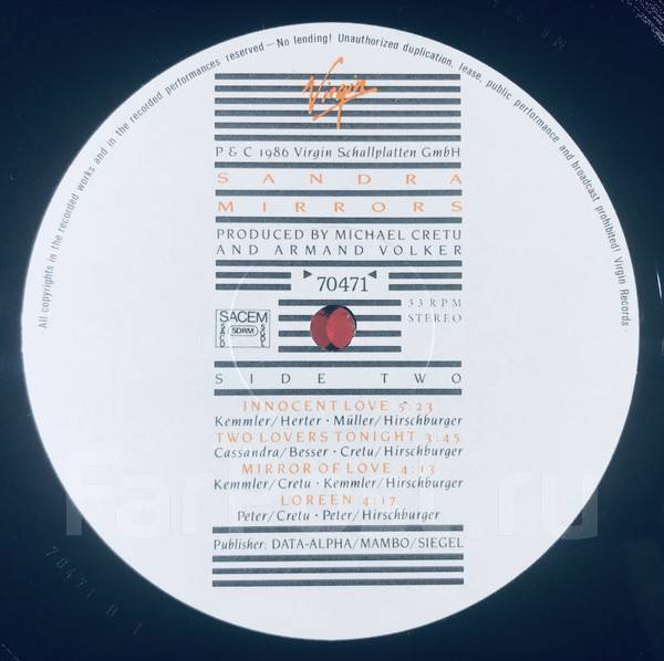 Виниловая пластинка Sandra – Mirrors 1986 France, б/у, в наличии. Цена ...