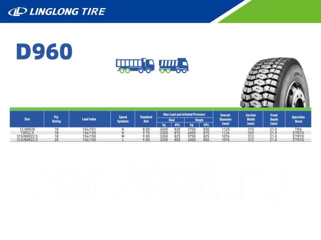 LingLong D960, 315/80 R22.5 156/150L 20PR M+S, 22.5", 159 шт, в наличии ...