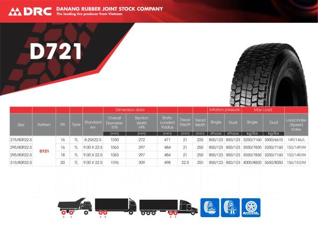 DRC D721, 295/80 R22.5 152/149M 18PR, 22.5", 2 шт, в наличии, 295 мм, 80 %, радиальный ...