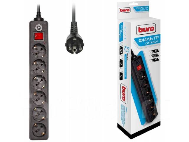 Сетевой фильтр 6 Розеток 10А 1.8М Buro 600SH-1.8-B, новый, в наличии ...