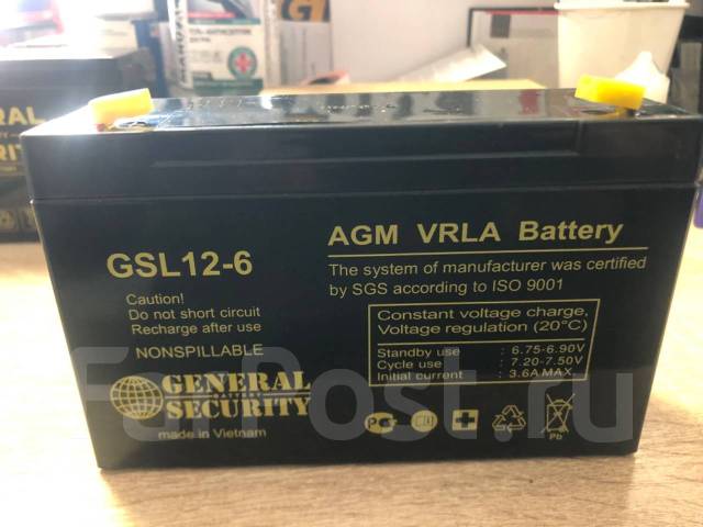 Тяговый АКБ глубокого разряда General Security GS 12-6, Гелевый, AGM, прямая (правое), 12 А.ч ...