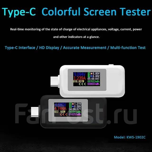 Тестер напряжения, тока, емкости Type-c Charger Doctor KWS-1902C белый ...