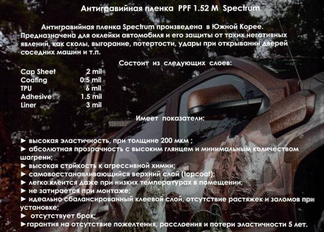 Пленка антигравийная PPF SpectrumTek, 1,524x15м. (на отрез) купить во Владивостоке по цене: 7 ...