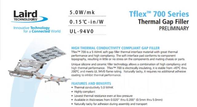 Силиконовая термопрокладка Laird T-FLEX700 [15x15*2 мм, 5 Вт/мК], новый ...