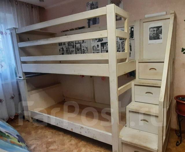 Двухъярусная кровать, эксклюзив, односпальная, массив дерева, бельевой ...