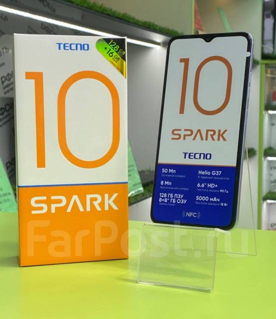 Tecno Spark 10 - 6.56", 2Sim, 50МП, 8x2.3GHz, 5000mAh, 8/128Gb. РФСеть, моноблок, белый, 4G LTE ...