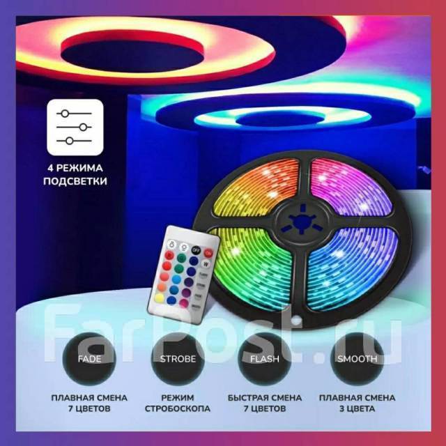 Светодиодная клейкая RGB LED Лента 5м Полный комплект 12В, IP65 35 LED ...