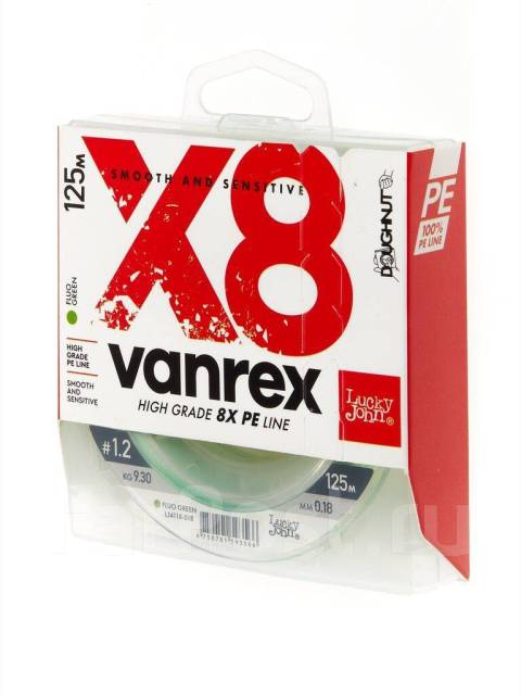 Плетеный шнур Lucky JOHN Vanrex х8 Fluo Green 125 м - 0,18 мм, новый, в ...