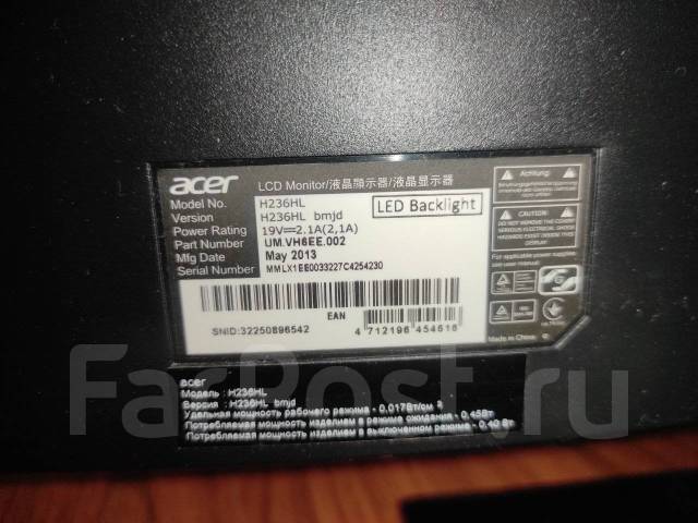 Монитор ACER H236HL, ЖК (LCD, LED, QLED), 23.6", 1920x1080 (Full HD), б ...