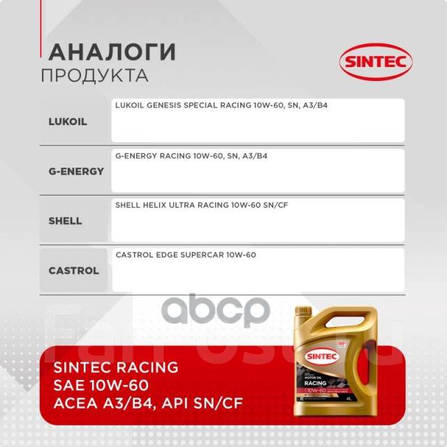 Масло Sintec 10/60 Racing A3/B4, Sn/Cf, Vw 501 01/505 00, Bmw M-Models ...