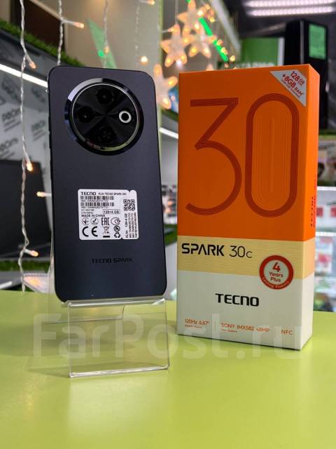 Tecno Spark 30C- 6.67", 2Sim,48МП, 8x2.0GHz, 5000mAh, 4/128Gb. РФСеть, моноблок, черный, 4G LTE ...